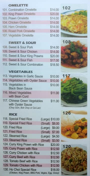 Menu at Ho Choi restaurant, Moorooka