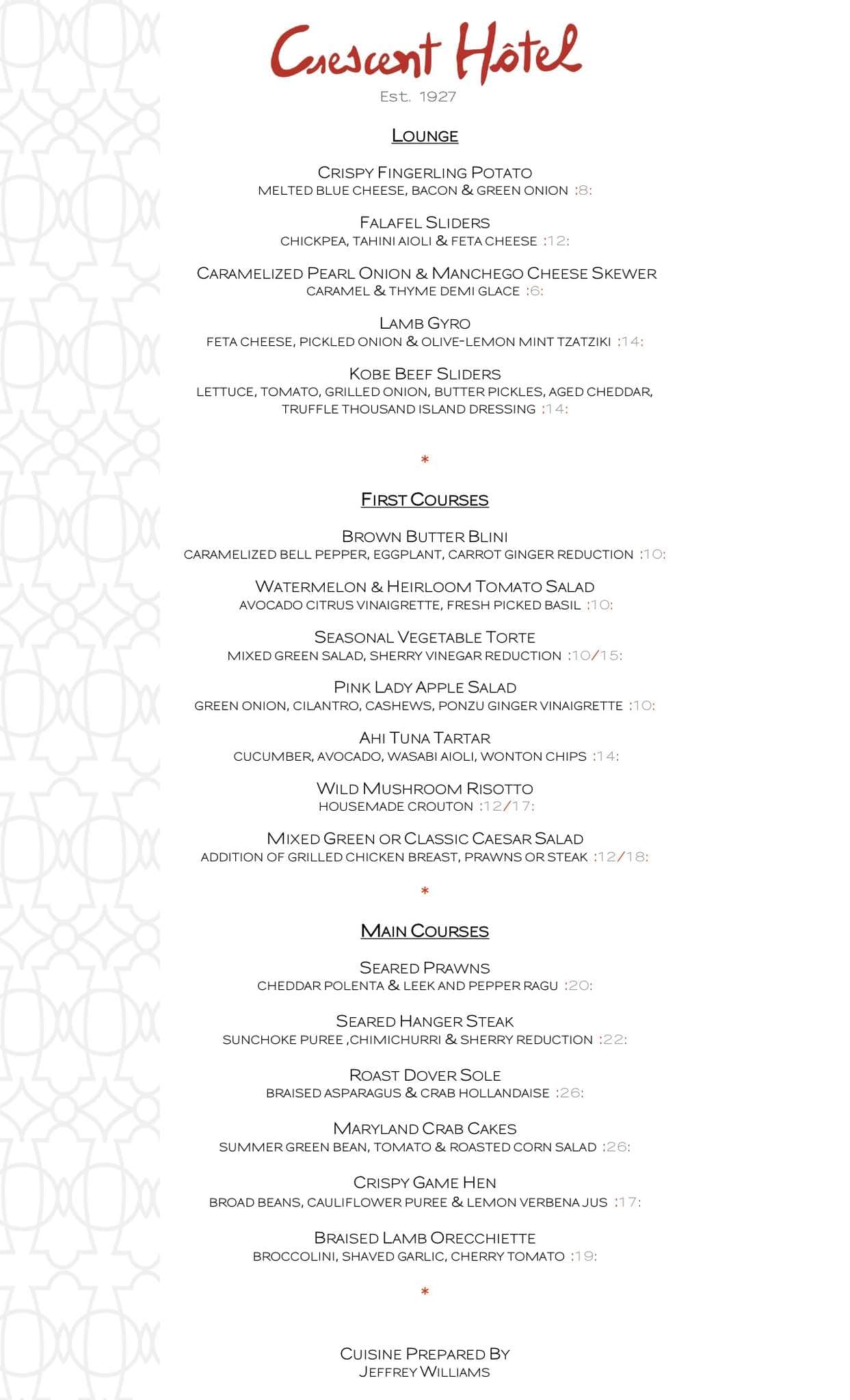 Menu at The Terrace, Beverly Hills, 403 N Crescent Dr The Crescent Hotel