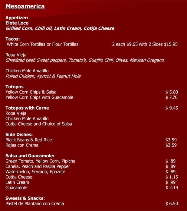 Menu at Mitsitam Native Foods Cafe, Washington