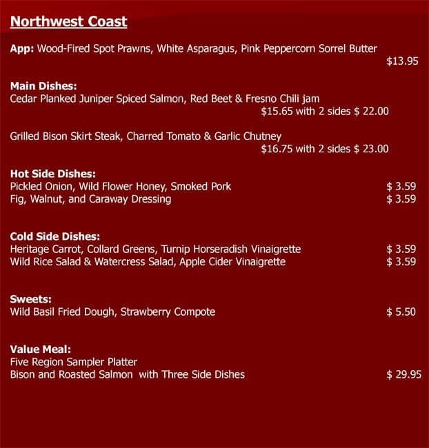 Menu at Mitsitam Native Foods Cafe, Washington