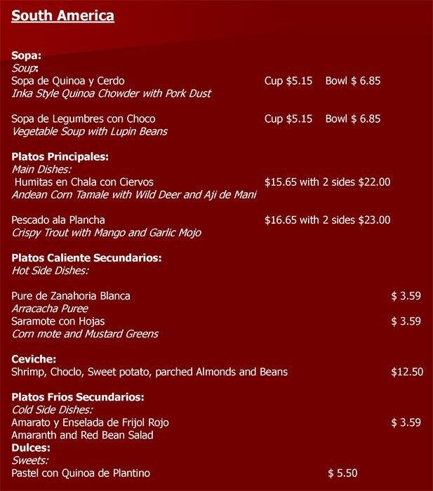 Menu at Mitsitam Native Foods Cafe, Washington