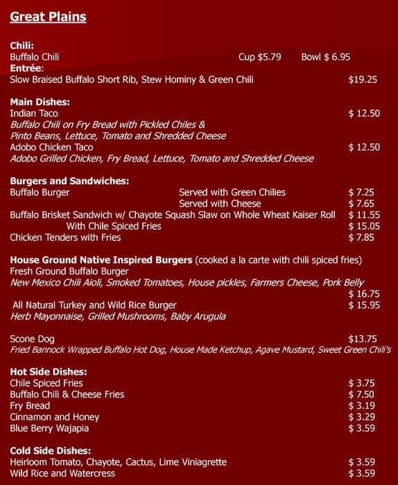 Menu at Mitsitam Native Foods Cafe, Washington