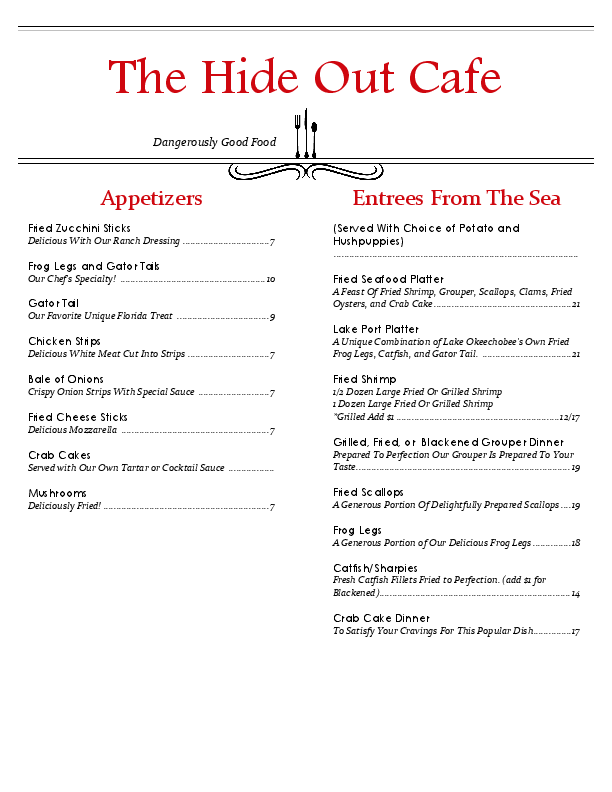 Hide Out Cafe Menu, Menu for Hide Out Cafe, Moore Haven, Moore Haven ...