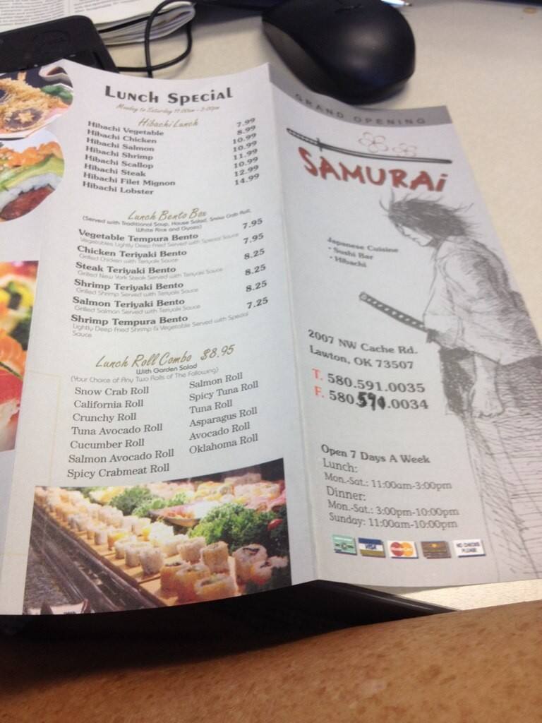 Menu at Samurai restaurant, Lawton