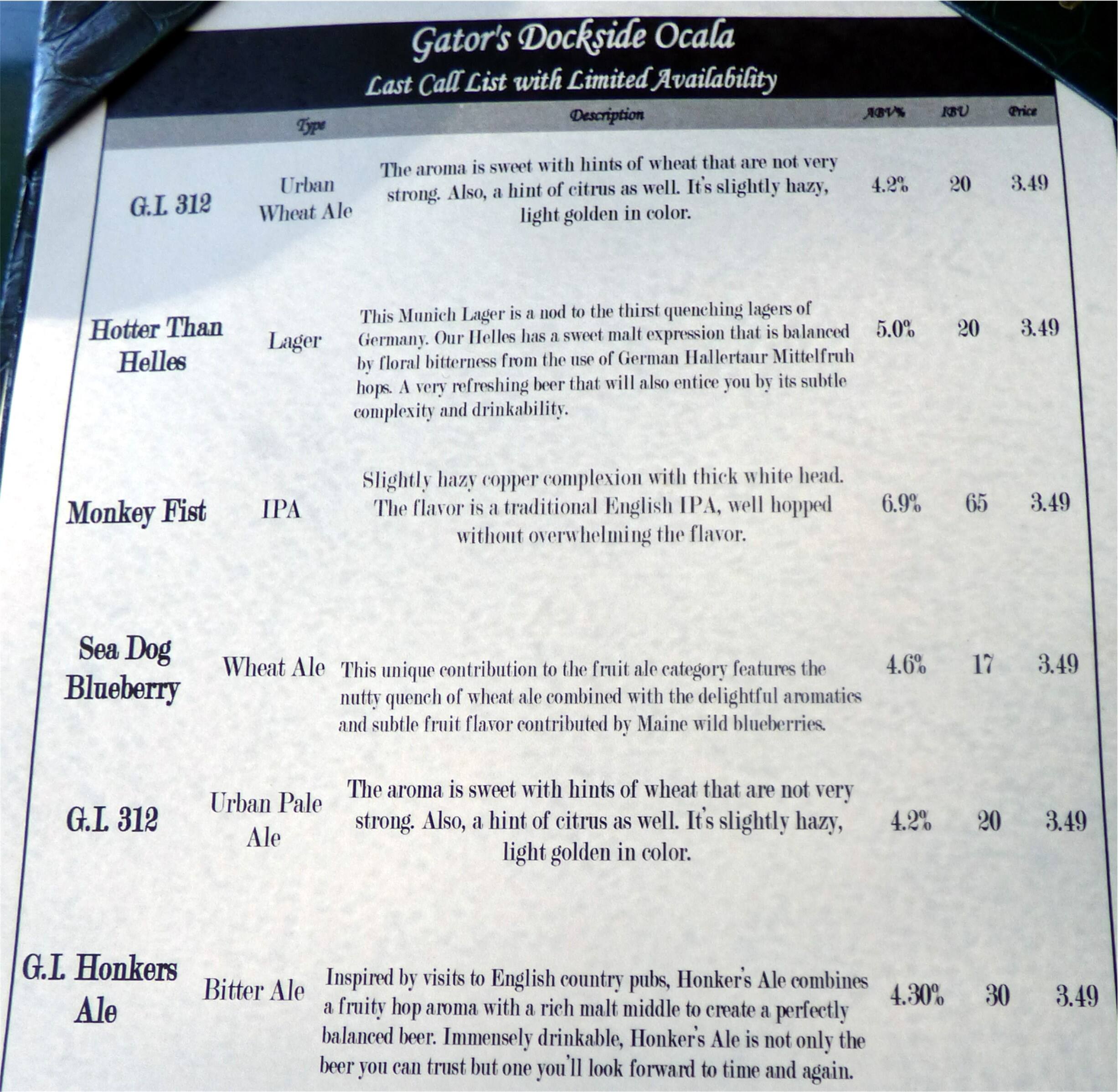 Menu at Gator's Dockside pub & bar, Ocala