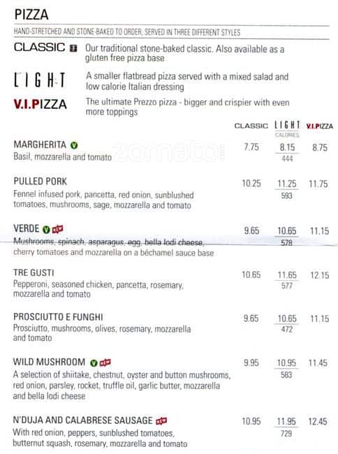 Menu at Prezzo Manchester Printworks restaurant, Manchester, The Printworks