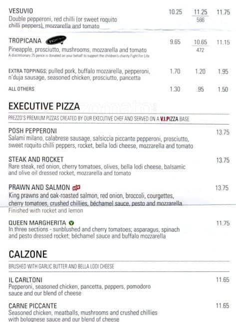 Menu at Prezzo Manchester Printworks restaurant, Manchester, The Printworks
