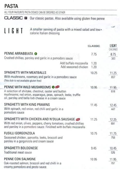 Menu at Prezzo Manchester Printworks restaurant, Manchester, The Printworks