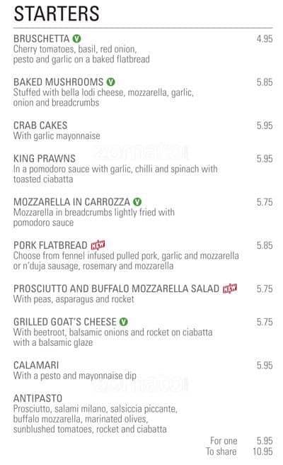 Menu at Prezzo Manchester Printworks restaurant, Manchester, The Printworks