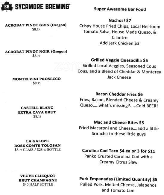 Menu at Sycamore Brewing restaurant, Charlotte, Hawkins St