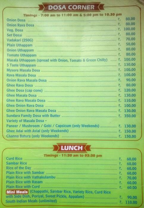 Menu at Sundara Hotel, Chennai