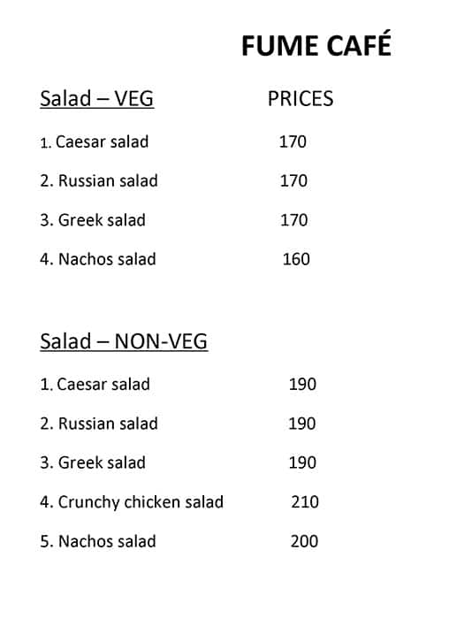 Menu of Fume Cafe, Nagarbhavi, Bangalore
