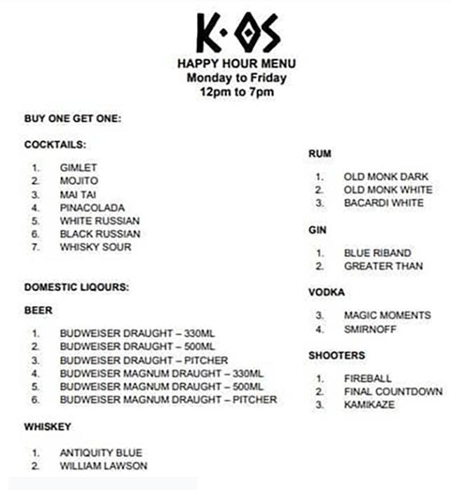 Menu of K-OS TheGameBar, Koramangala 7th Block, Bangalore