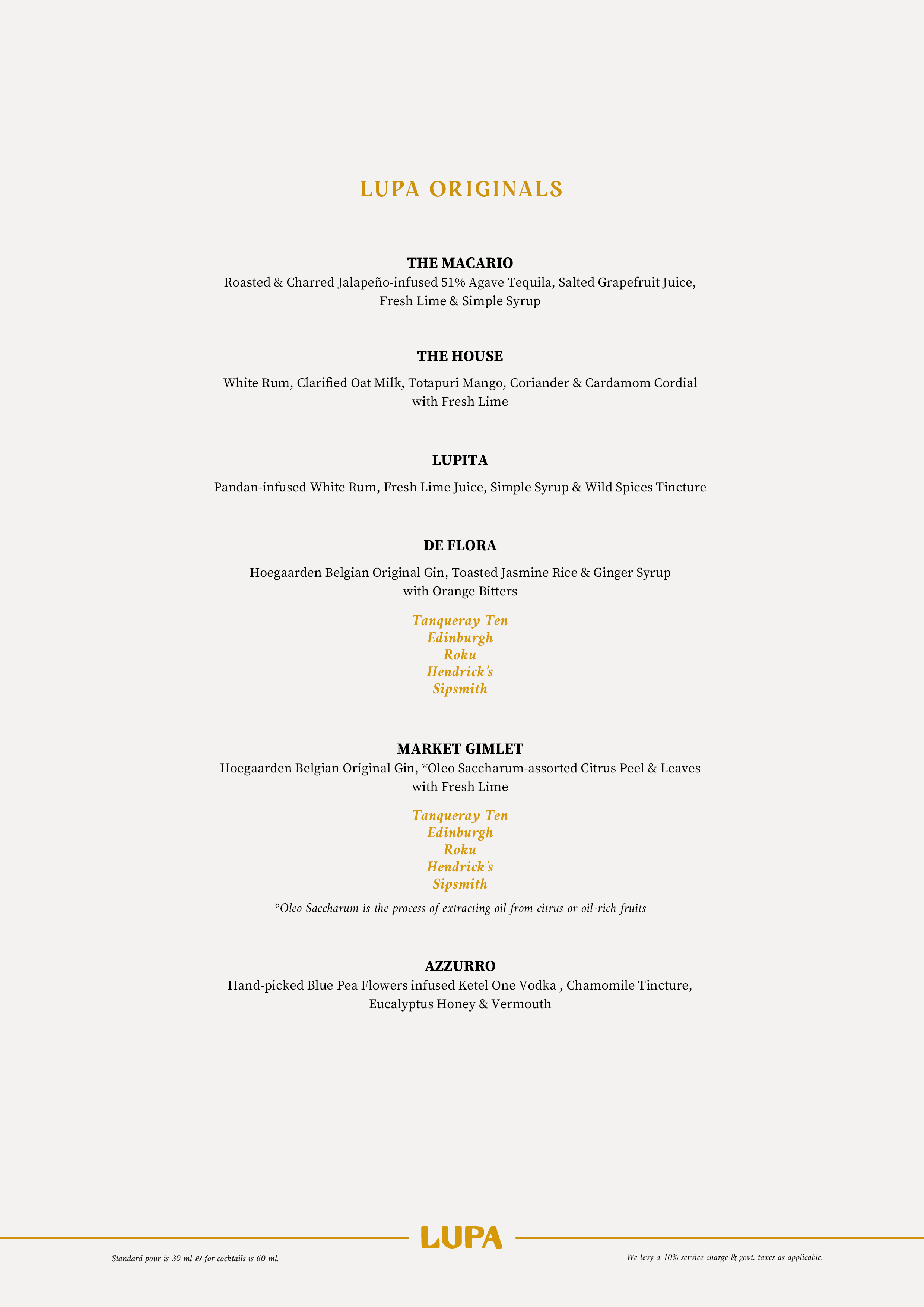 Menu of LUPA, MG Road, Bangalore