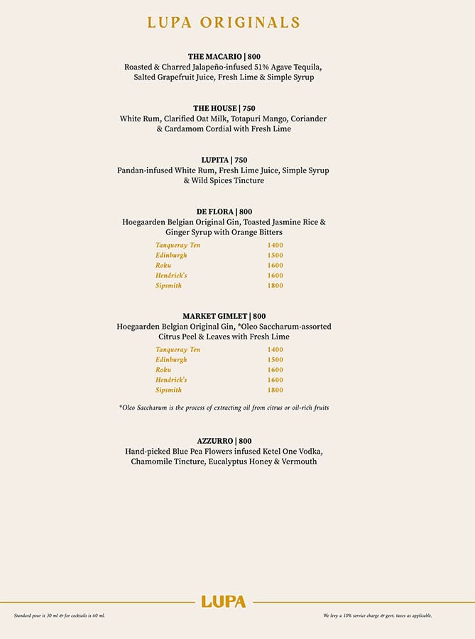 Menu of LUPA, MG Road, Bangalore