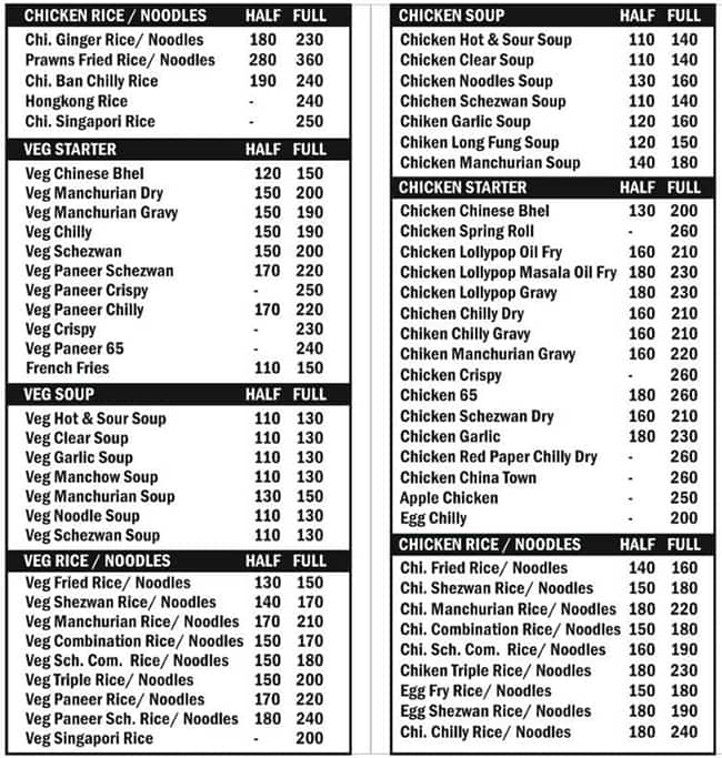 Menu of Sunny Chinese Food, Virar, Mumbai