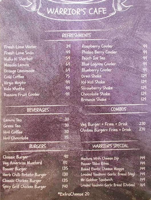 Menu of Warrior’s Cafe, Ravet, Pune