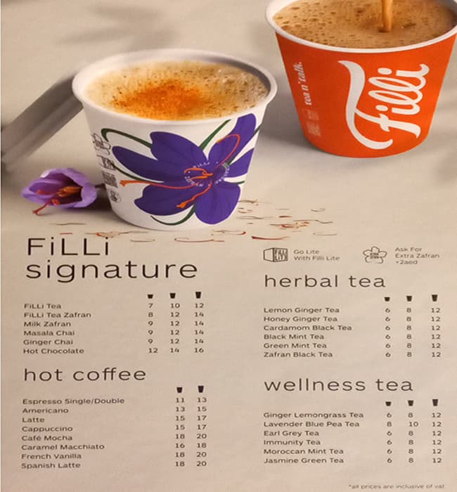 Menu of FiLLi, Sharqan, Sharjah