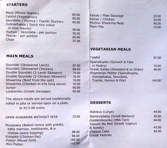 Menu at Aris Souvlaki restaurant, Cape Town