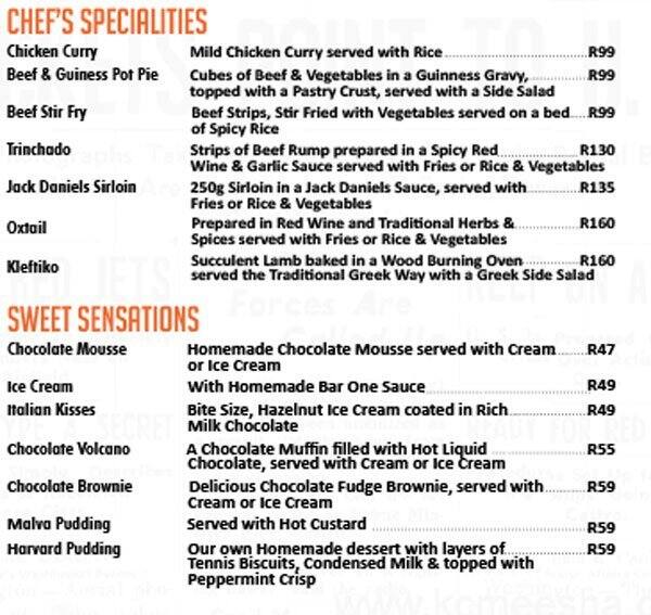 Menu at The Harvard Cafe, Midrand