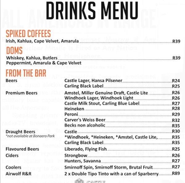 Menu at The Propeller On Grand pub & bar, Midrand