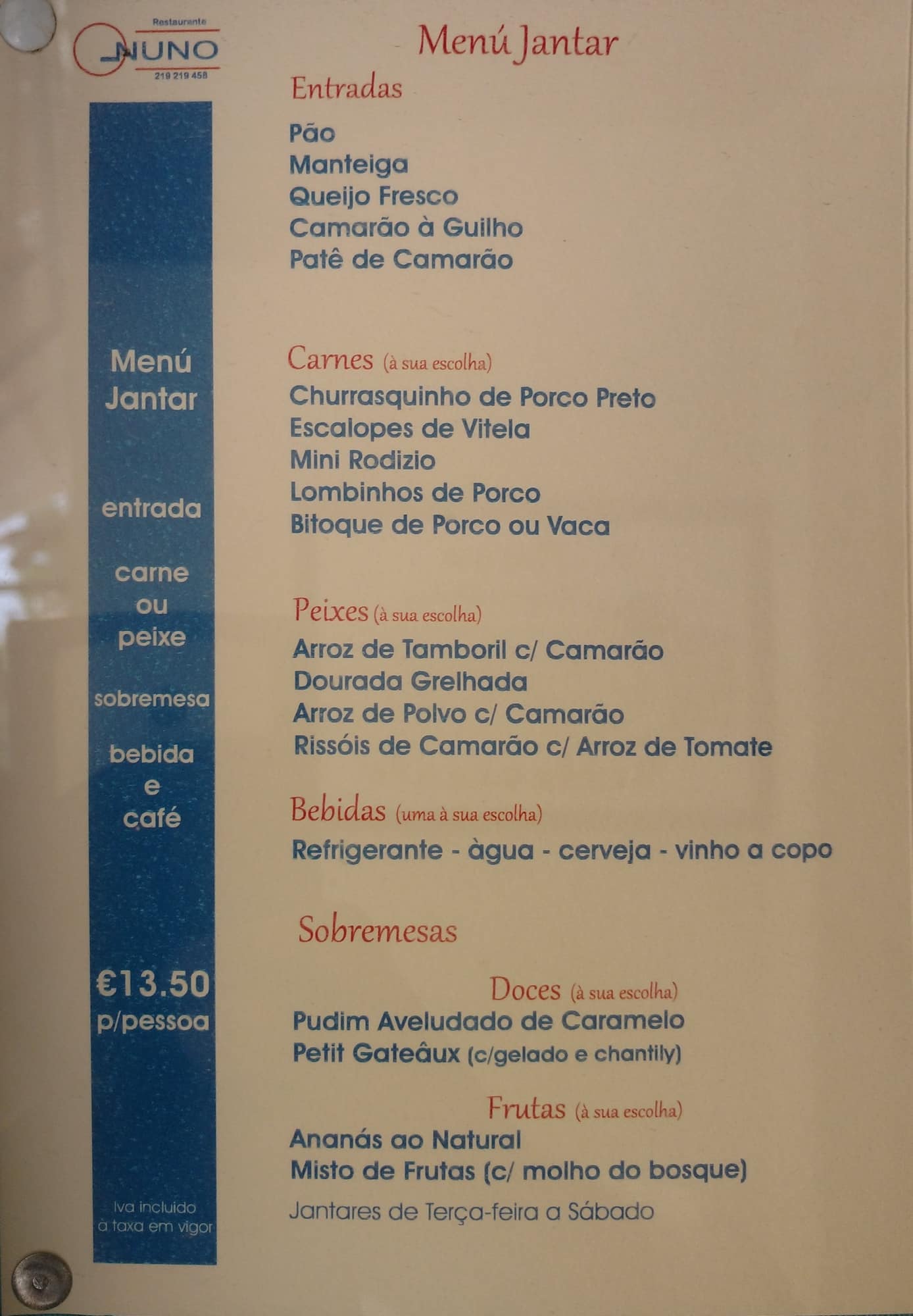 Menu em Restaurante - O Nuno, Sintra