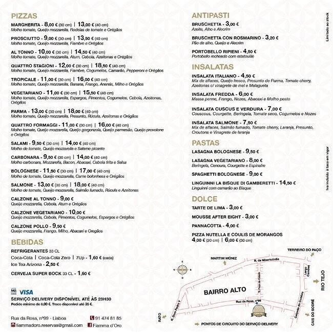 Menu at Flamma d'oro restaurant, Lisbon