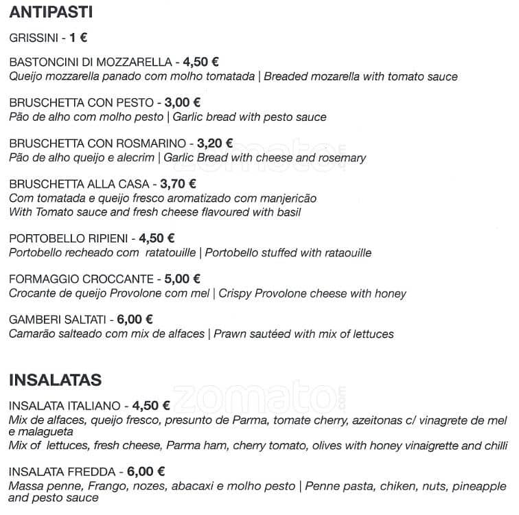 Menu at Flamma d'oro restaurant, Lisbon