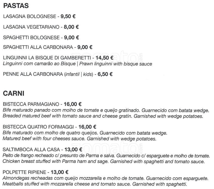 Menu at Flamma d'oro restaurant, Lisbon