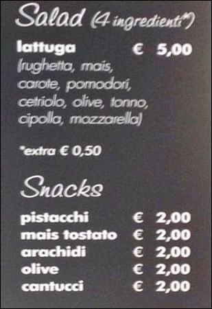 Menu at The Bar, Rome, Via Tor de' Schiavi
