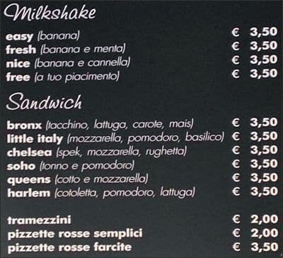 Menu at The Bar, Rome, Via Tor de' Schiavi