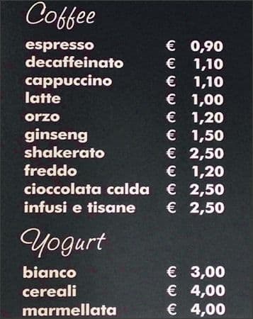 Menu at The Bar, Rome, Via Tor de' Schiavi