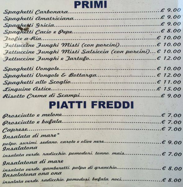 Menu at A-ria restaurant, Rome