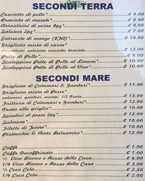 Menu at A-ria restaurant, Rome