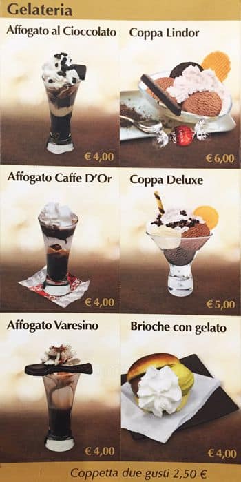 Menu at Lindt cafe, Rome, Via della Maddalena 12