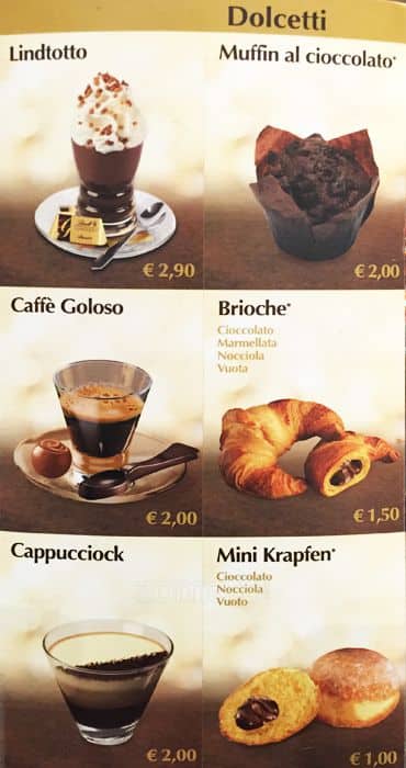 Menu at Lindt cafe, Rome, Via della Maddalena 12
