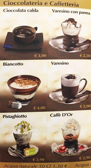 Menu at Lindt cafe, Rome, Via della Maddalena 12