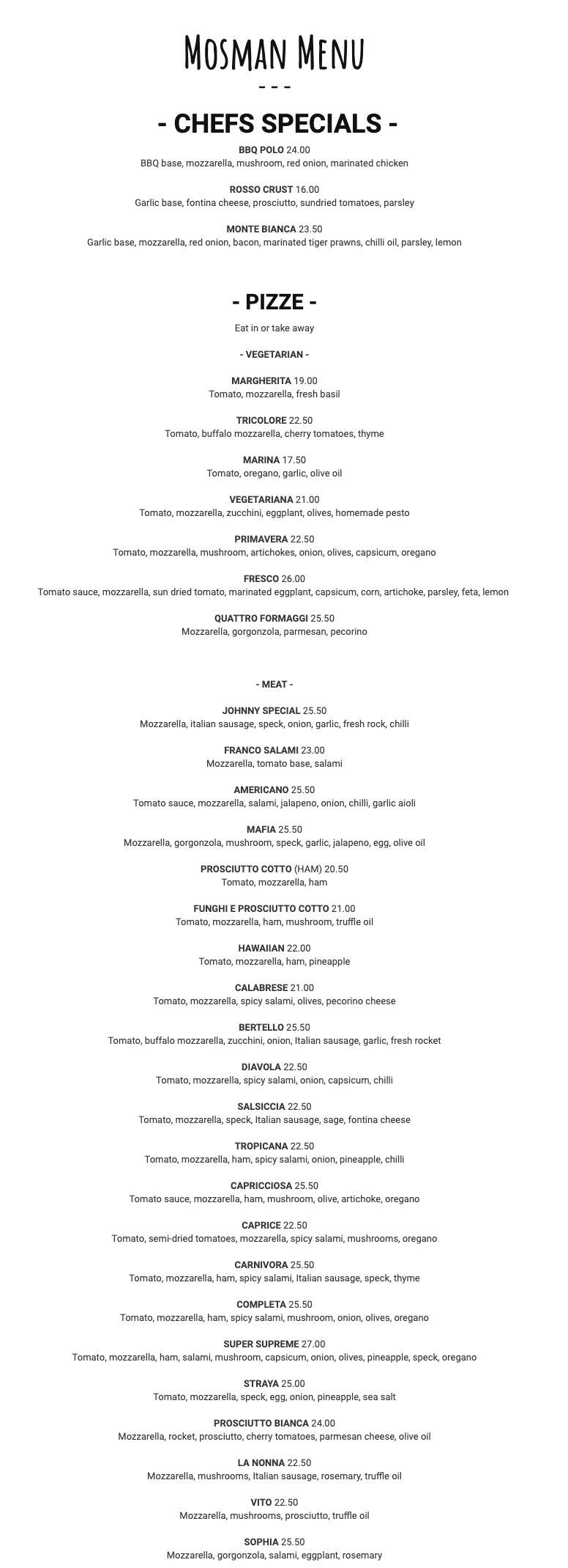 Menu at Rosso Cavallino Mosman pizzeria, Mosman, 4/803 Military Rd