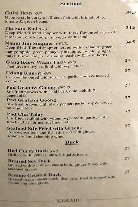 Menu at Kerabu restaurant, Glen Iris