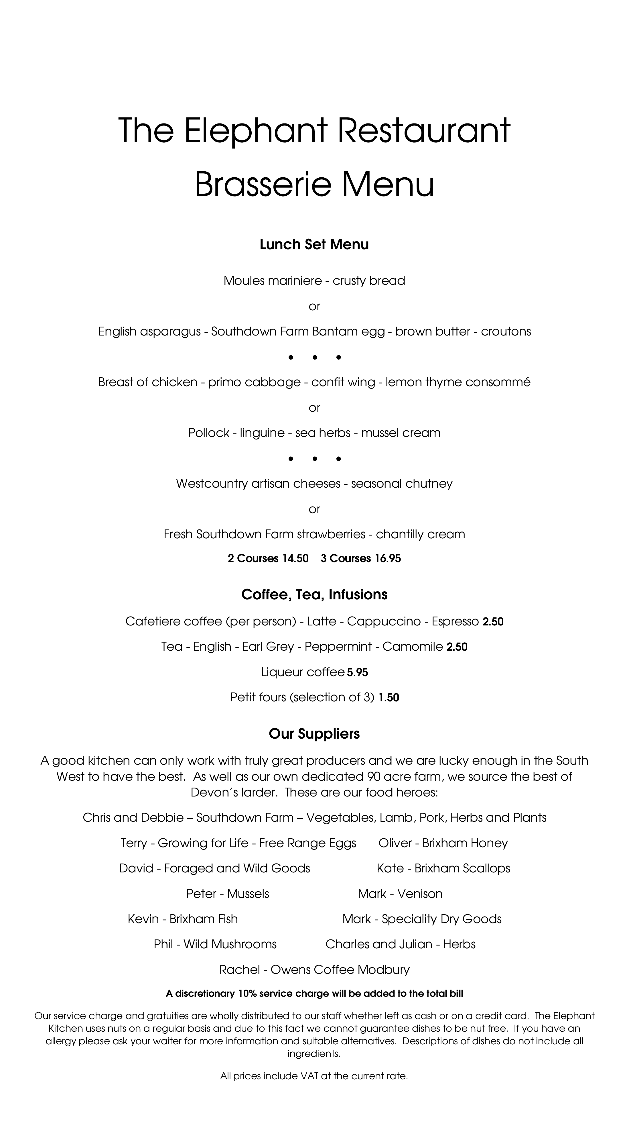 Menu at Elephant restaurant, Torquay