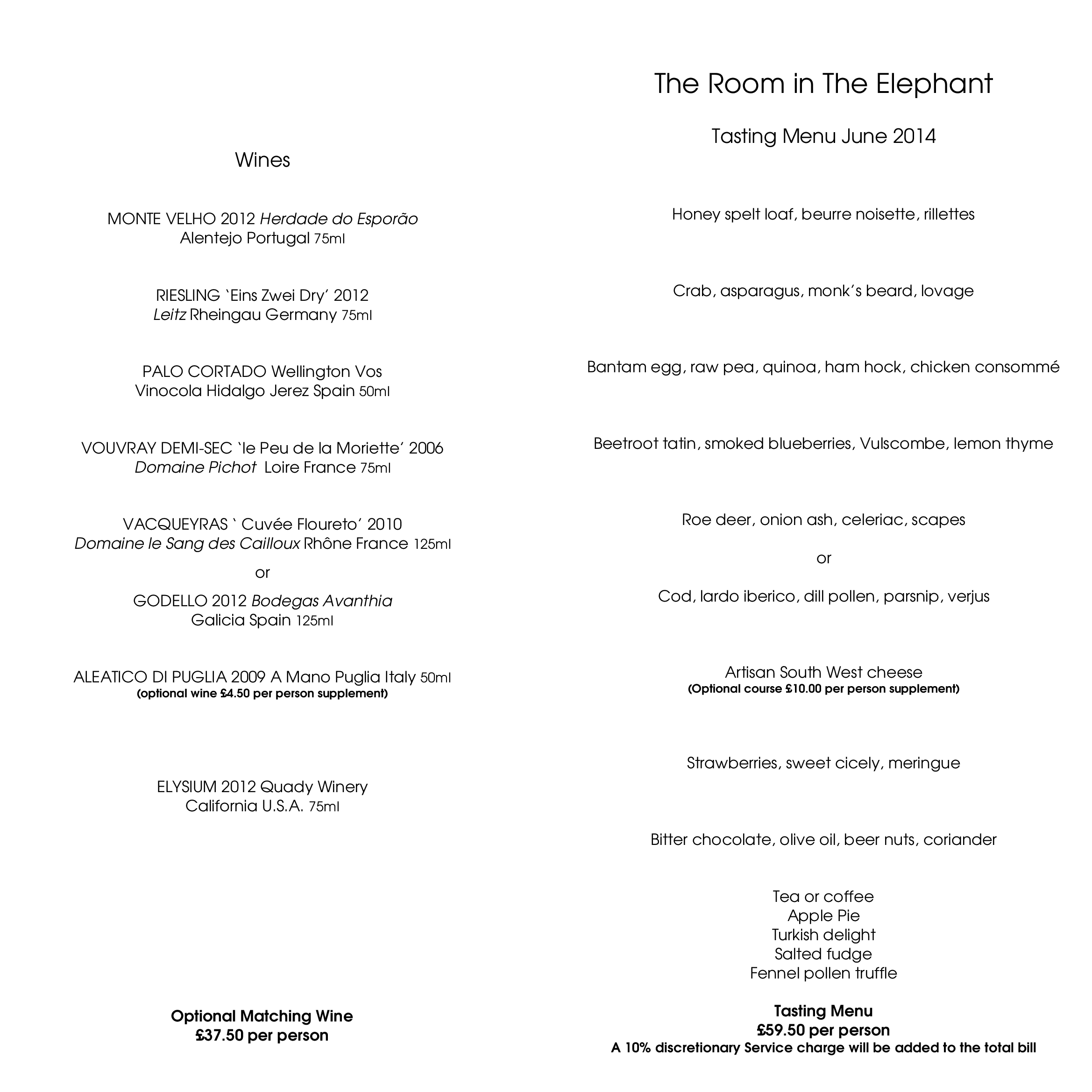 Menu at Elephant restaurant, Torquay