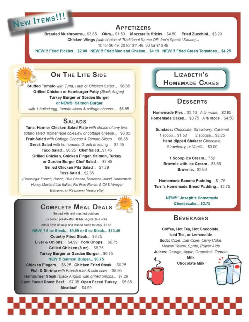 Menu at The Daybreak diner restaurant, Orlando