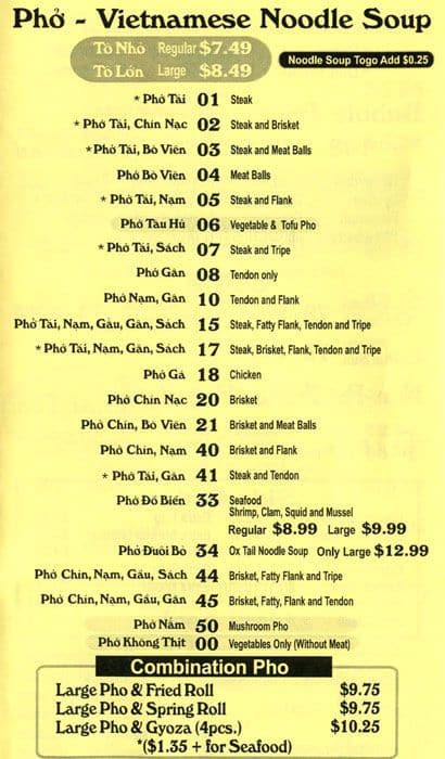 Menu at Pho Tai Vietnamese restaurant, Puyallup