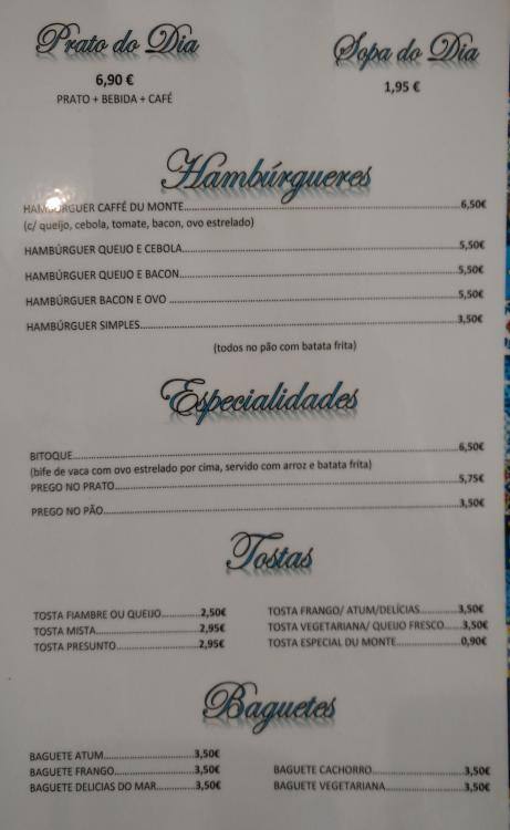 Menu at Cafe do Monte, Estoril
