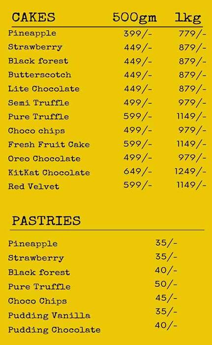 Menu of Arun Bakers, Burari, New Delhi