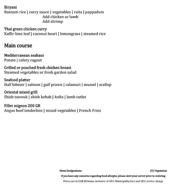Menu at Crescendo restaurant, Dubai, Anantara Dubai The Palm Resort & Spa