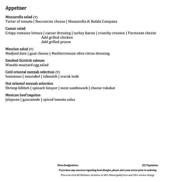 Menu at Crescendo restaurant, Dubai, Anantara Dubai The Palm Resort & Spa