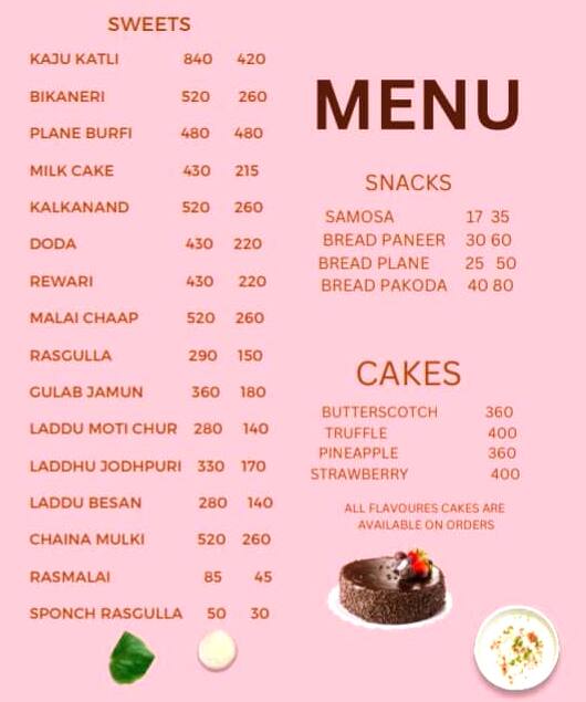 Menu of Shree Bikaner Sweets And Bakers, Paschim Vihar, New Delhi