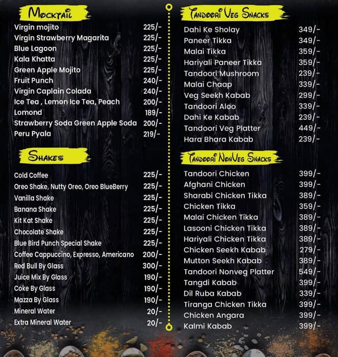 Menu of Blue Bird Resto & Club, Sector 83, Gurgaon