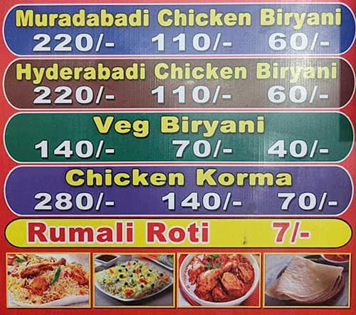 Menu of Hussain Chicken Biryani, JNU, New Delhi